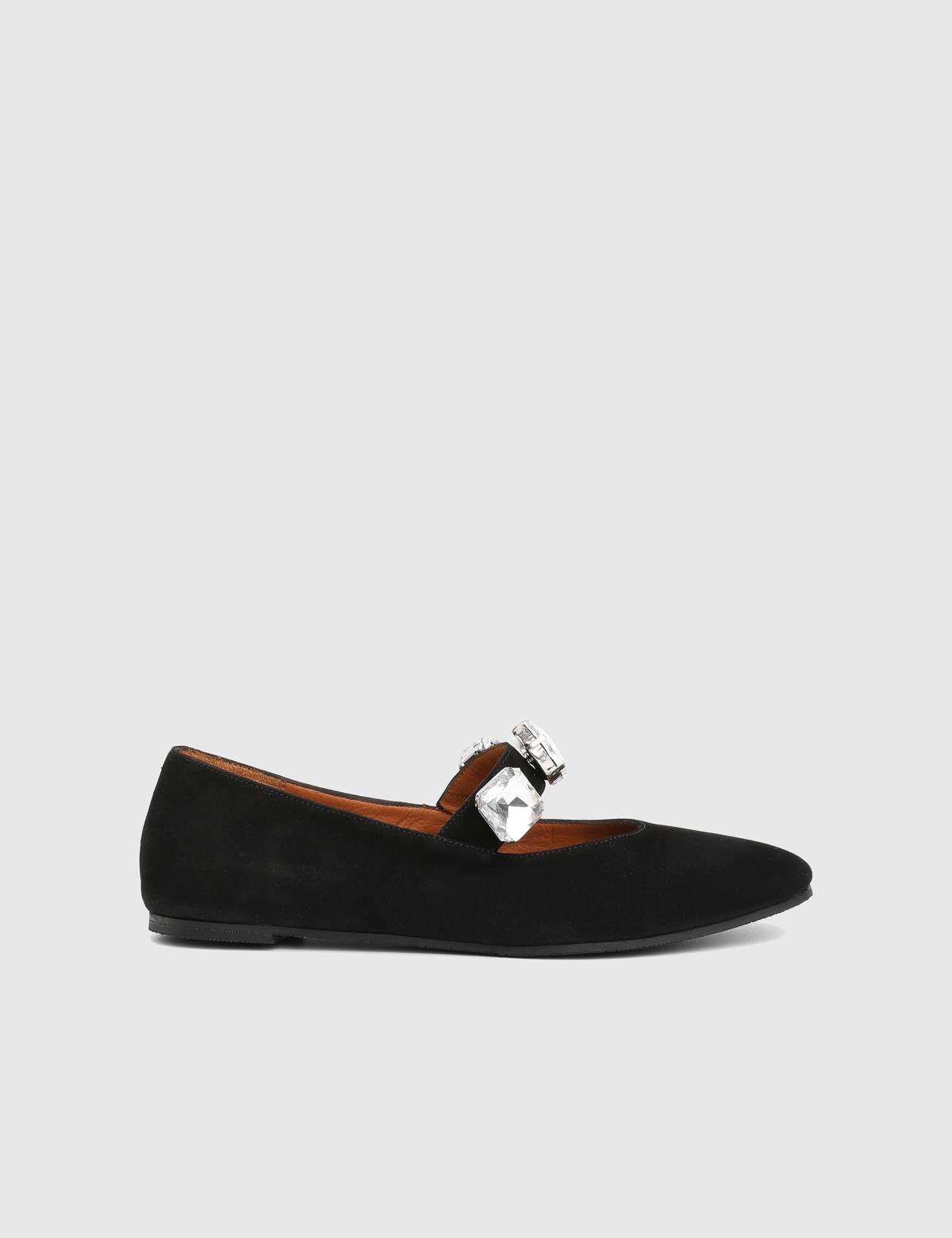 Litoni Black Suede Leather Women's Ballerina - İLVİ